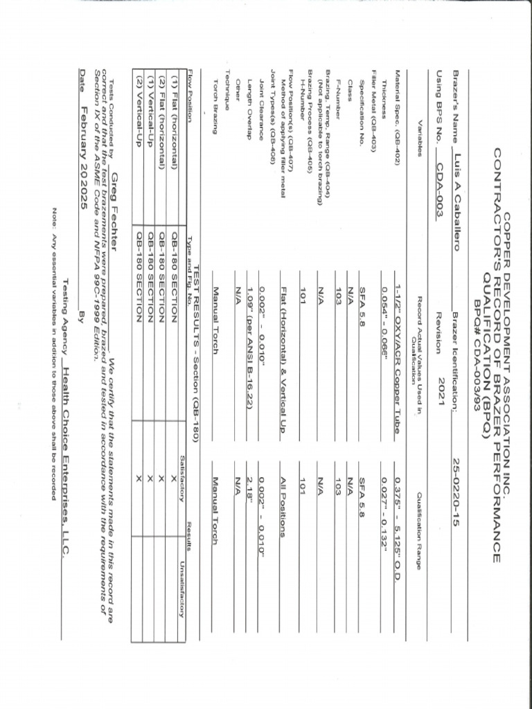 Med Gas Cert - Proof of Passing Brazing | PDF