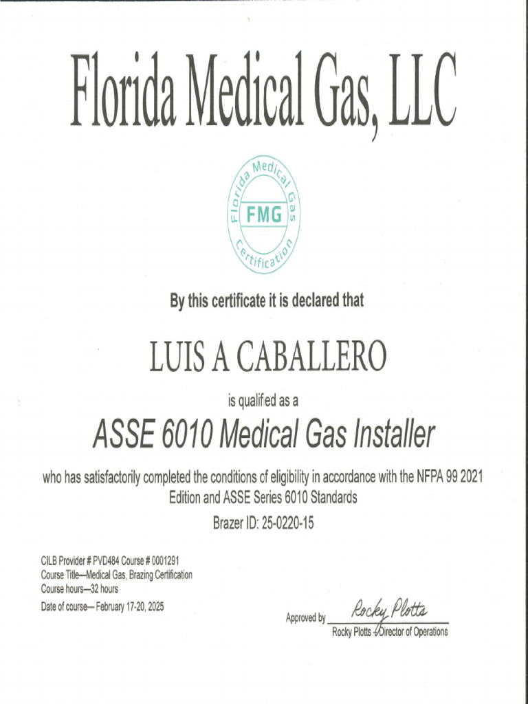 Med Gas Cert - CERTIFICATE | PDF