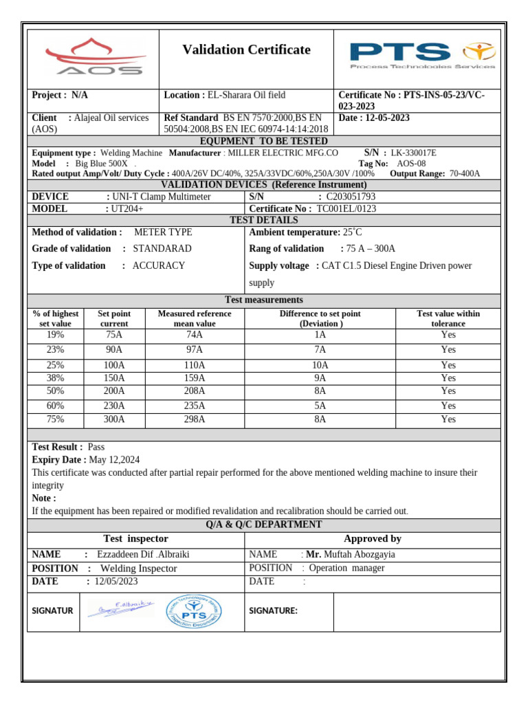 Welding Machine Certificate | PDF | Power (Physics) | Electricity