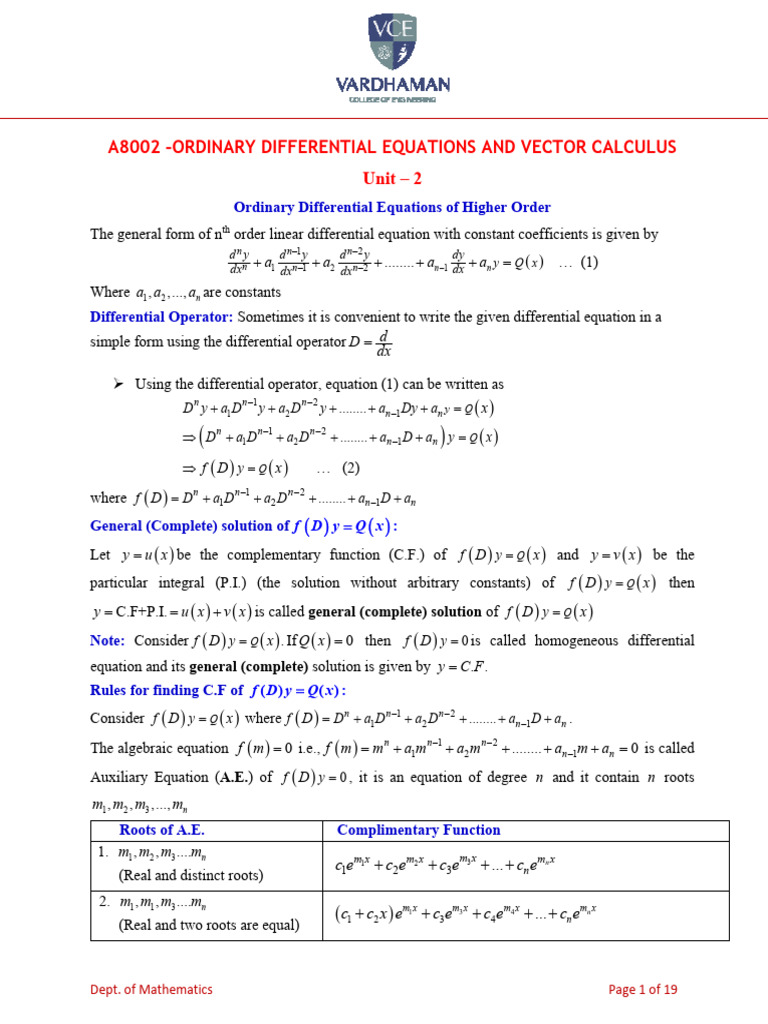 UNIT-2 (A8002) (ODE&VC) (Higher Order Linear Differential Equations) Handout | PDF | Ordinary ...