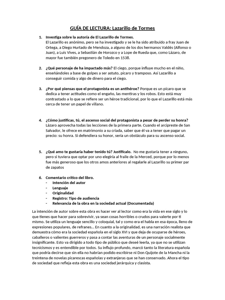 Guía de Lectura Lazarillo de Tormes | PDF