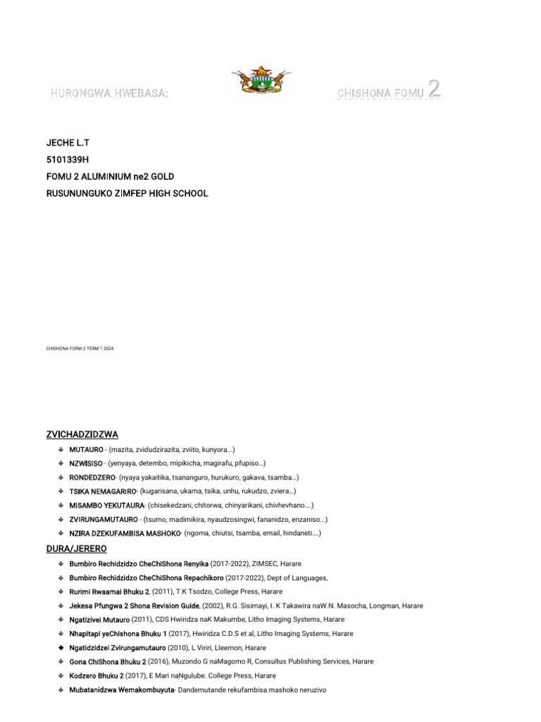 Shona Form 2 Term 1 Curriculum Guide | PDF | Languages Of Africa ...