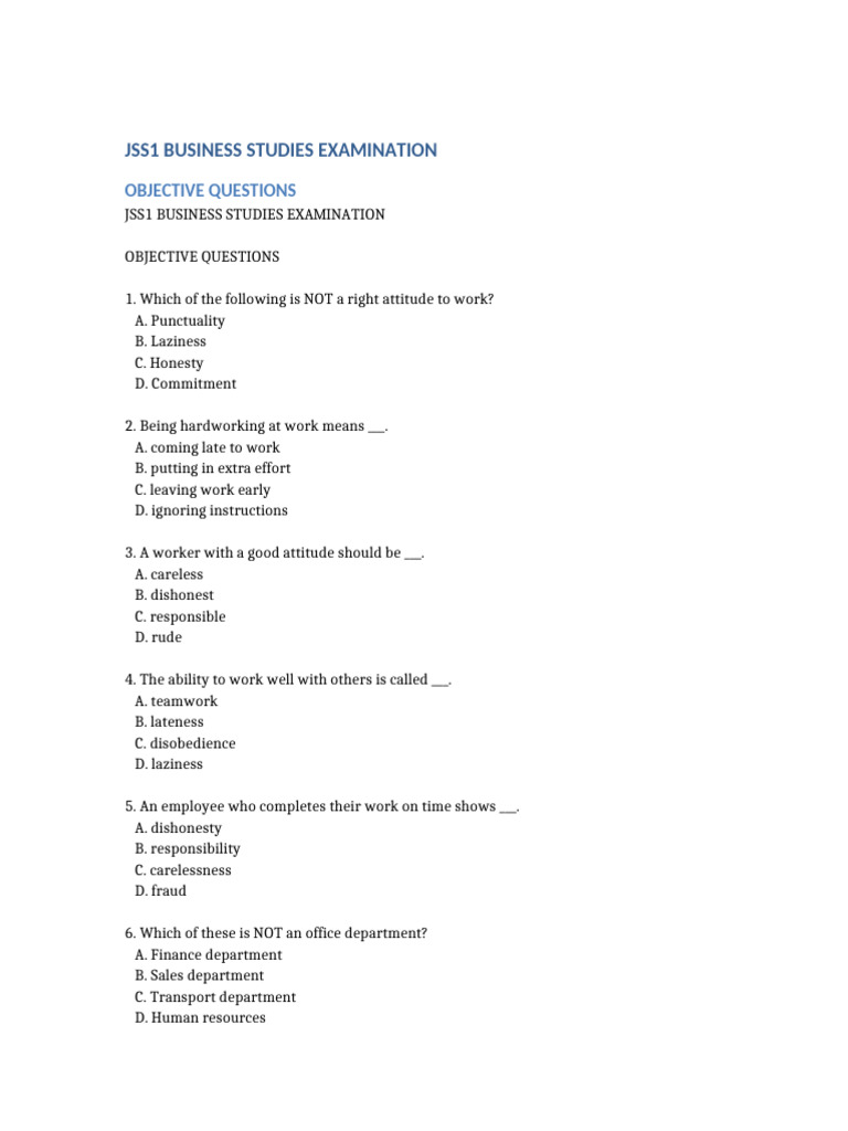JSS1 Business Studies Exam Questions | PDF | Business Economics | Economies