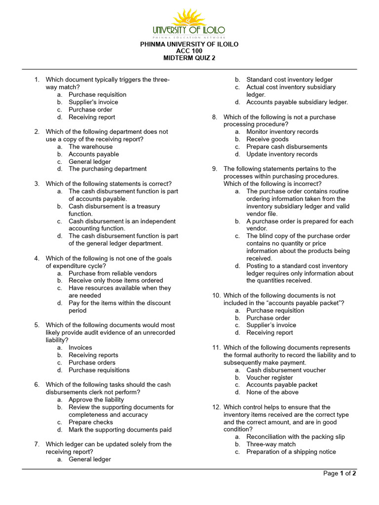 Midterm ACC 100 Quiz 2 With Answers | PDF | Accounts Payable | Receipt