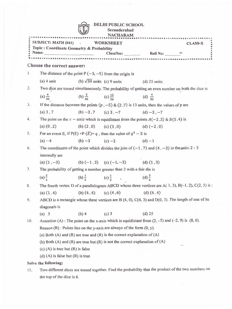 Coordinate Geometry and Probability Worksheet | PDF | Euclid | Analytic ...