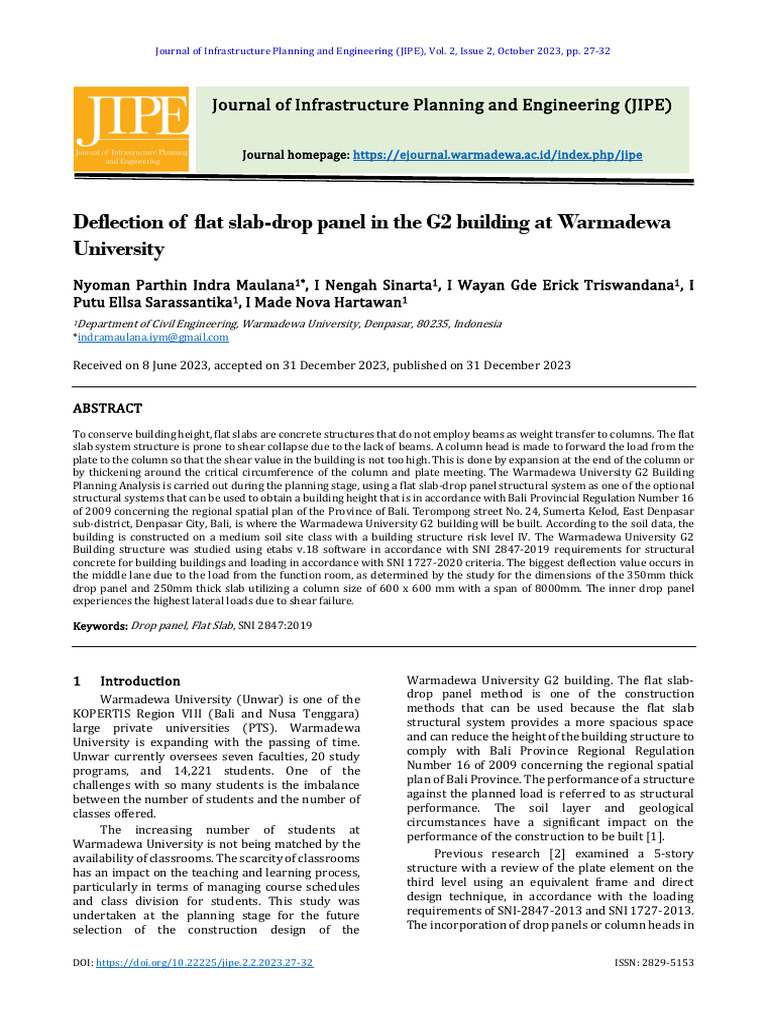 Deflection of Flat Slab-Drop Panel in The G2 Building at Warmadewa ...