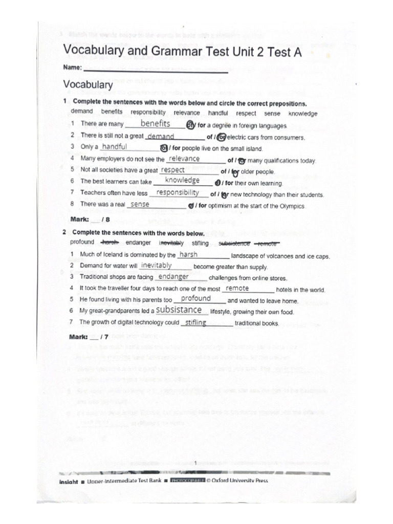Vocabulary and Grammar Test Unit 2 Test ABab | PDF