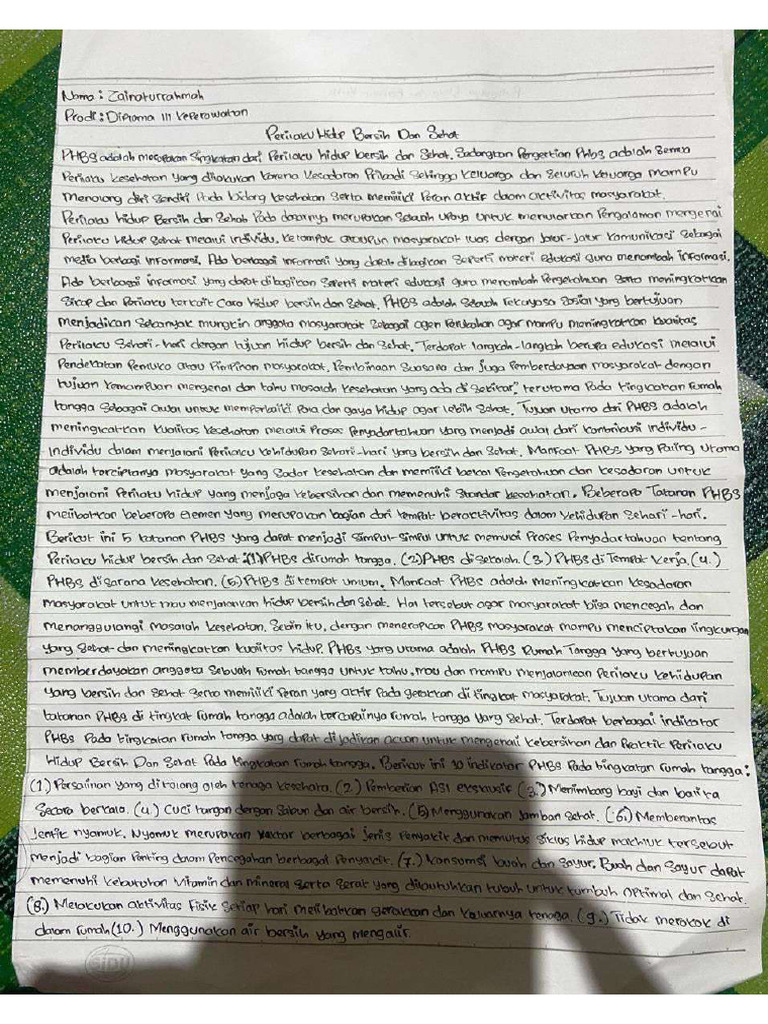 ZAINATURRAHMAH_DIPLOMA III KEPERAWATAN_ TUGAS URAIN PHBS | PDF