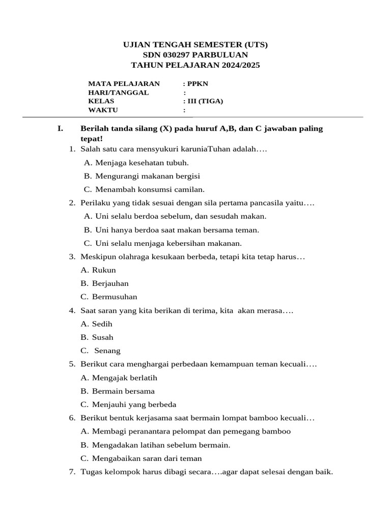 SOAL UTS PPKN Kelas 3 | PDF