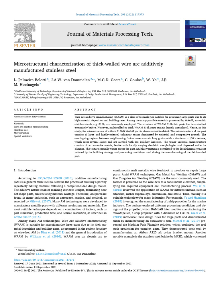 Microstructural characterisation of thick-walled wire arc additively manufactured stainless ...