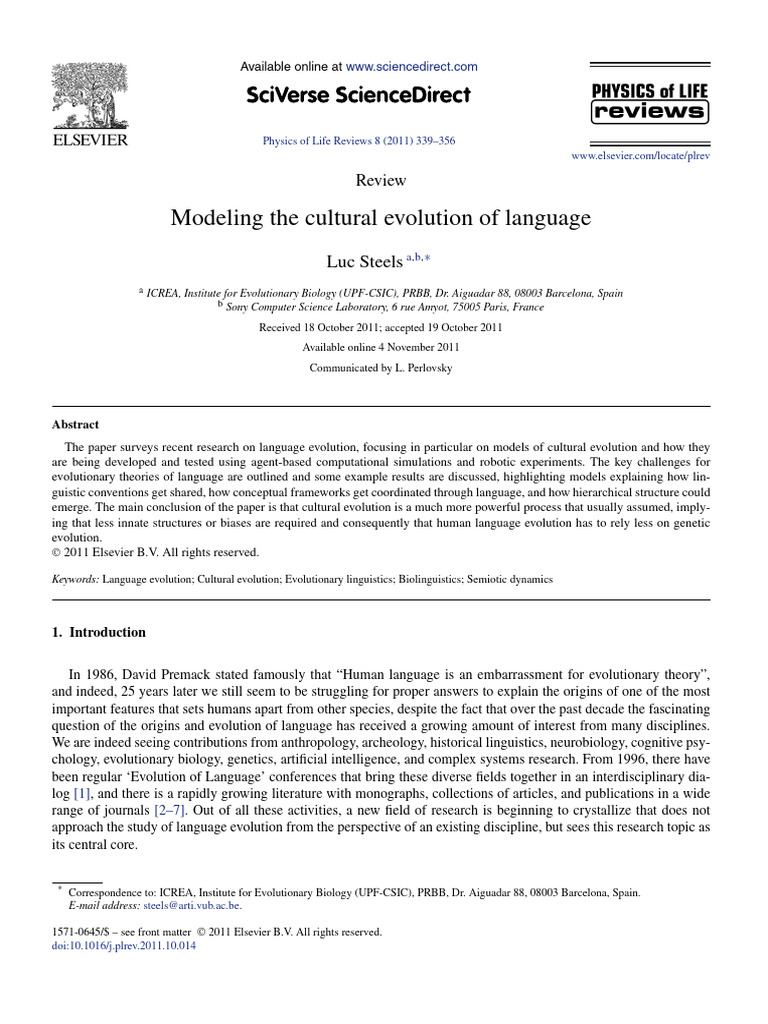 Modeling the cultural evolution of language | PDF | Linguistics | Evolution