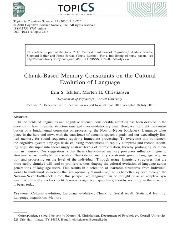 Chunk-Based Memory Constraints On The CulturalEvolution of Language | PDF | Language Acquisition ...