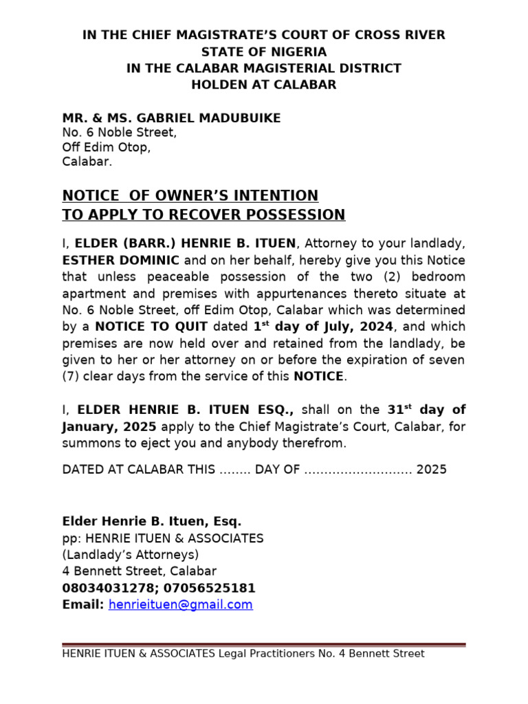 Notice of Owner's Intention-2 | PDF | Eviction | Landlord