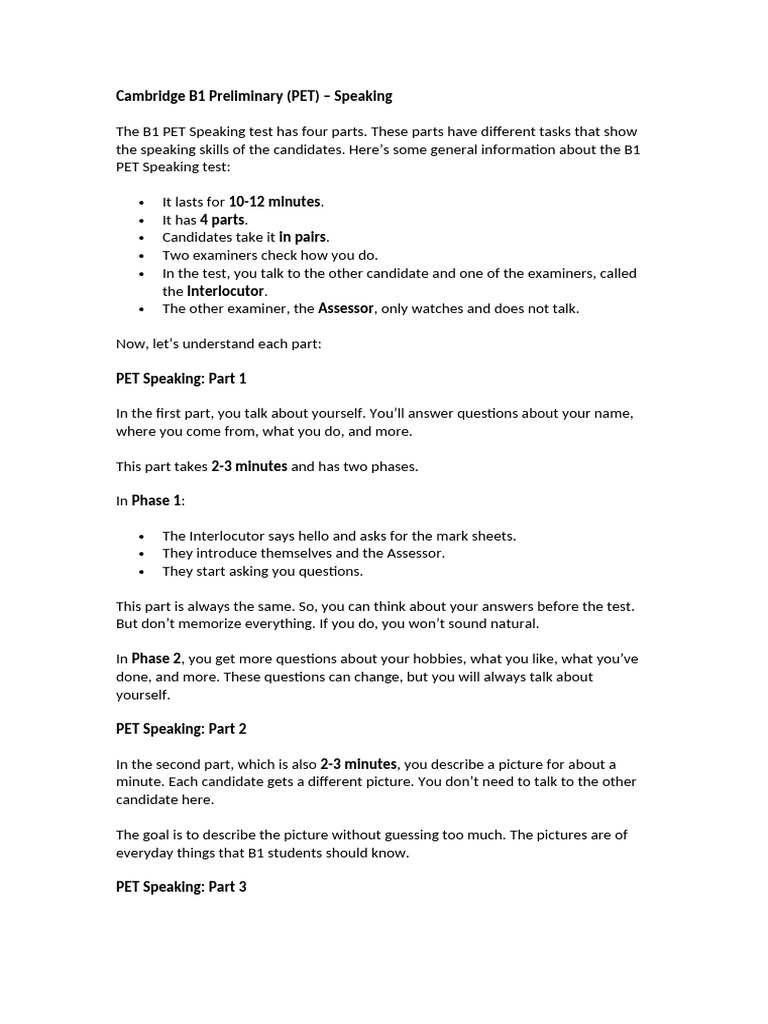 B1 PET Speaking Test Overview Guide | PDF | English Language | Vocabulary