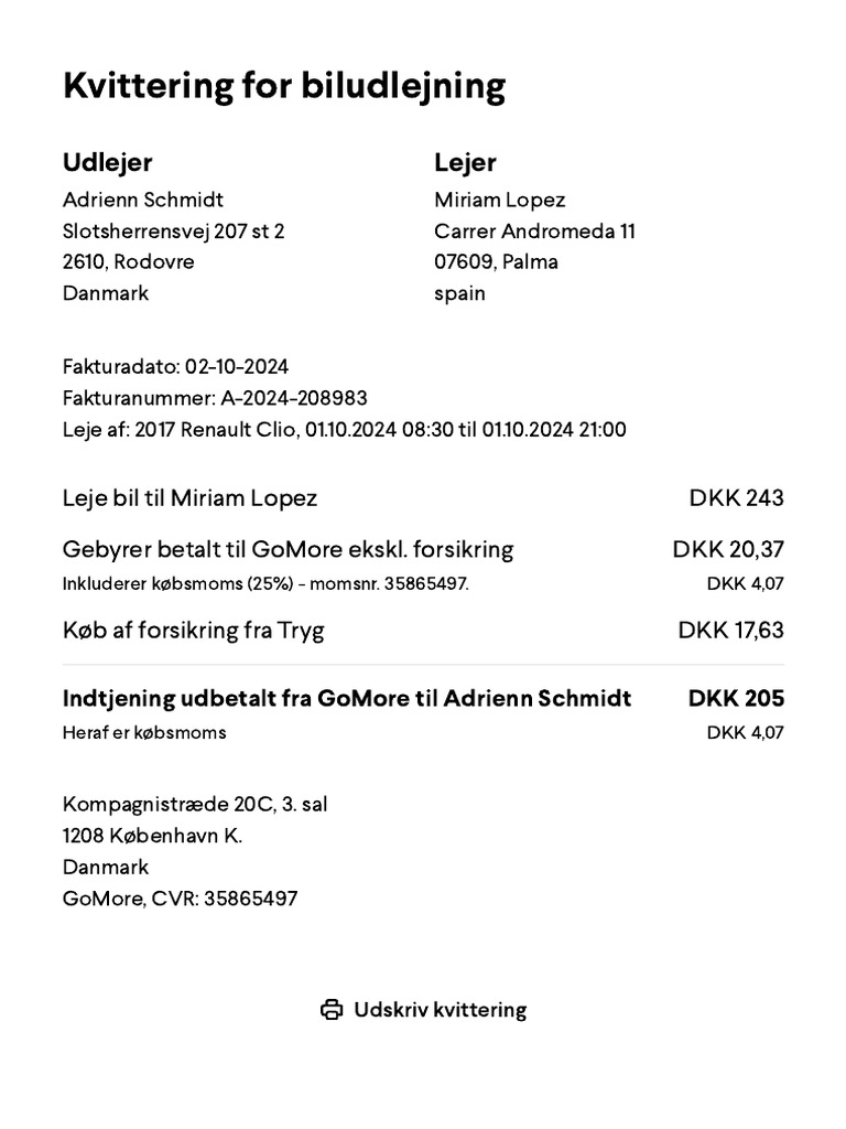 Kvittering For Biludlejning - GoMore - Miriam Lopez | PDF
