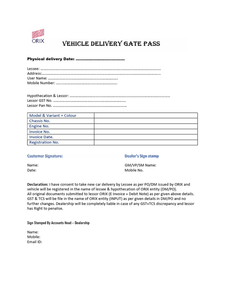 Gate Pass - ORIX format | PDF