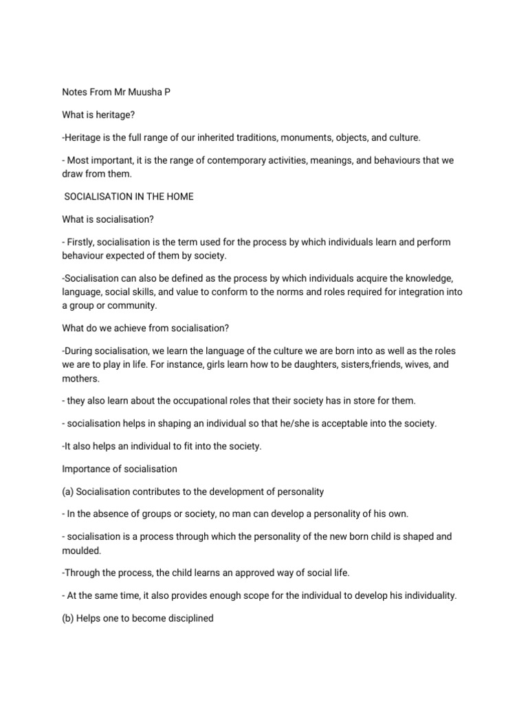 Form 1 Heritage and Socialisation Notes | PDF