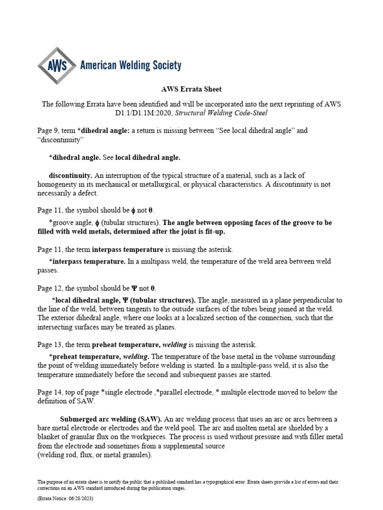 AWS D1.1 Errata Sheet Corrections | PDF | Pipe (Fluid Conveyance) | Welding