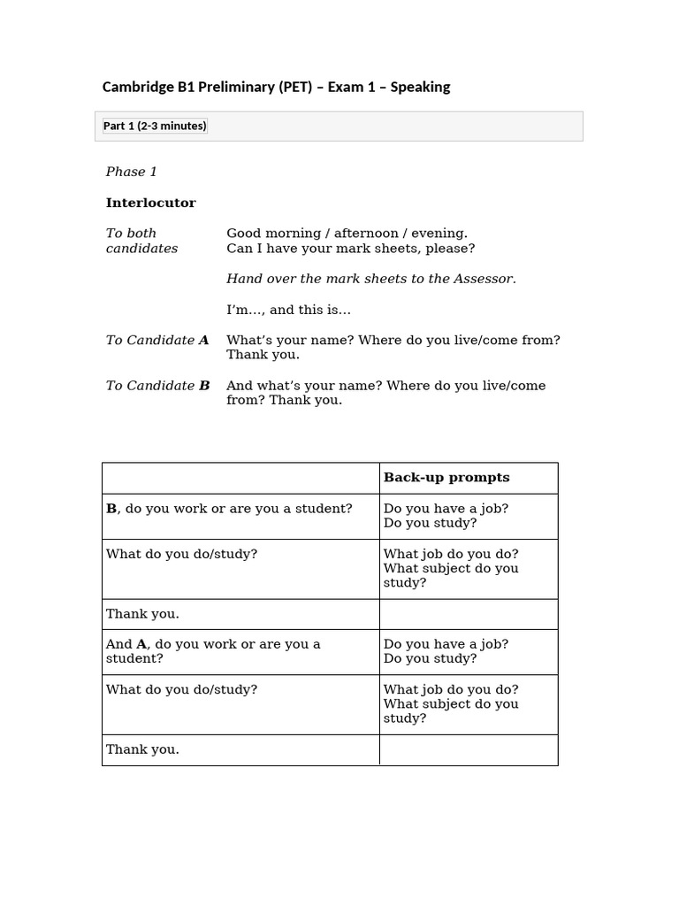 PET Speaking Exam Sample Questions | PDF