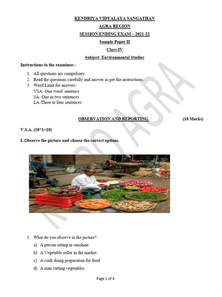 KV Class 4 Annual Exam Model Question Paper EVS 1 | PDF | Foods | Cuisine