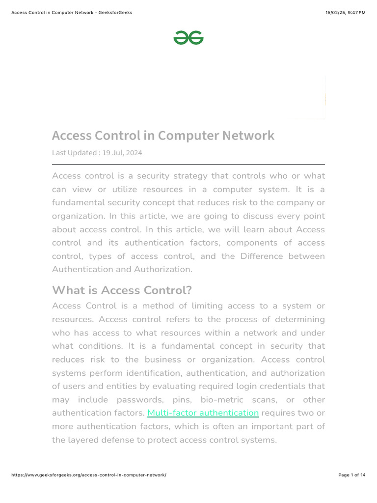 Access Control in Computer Network - GeeksforGeeks | PDF | Computer Access Control | Access Control