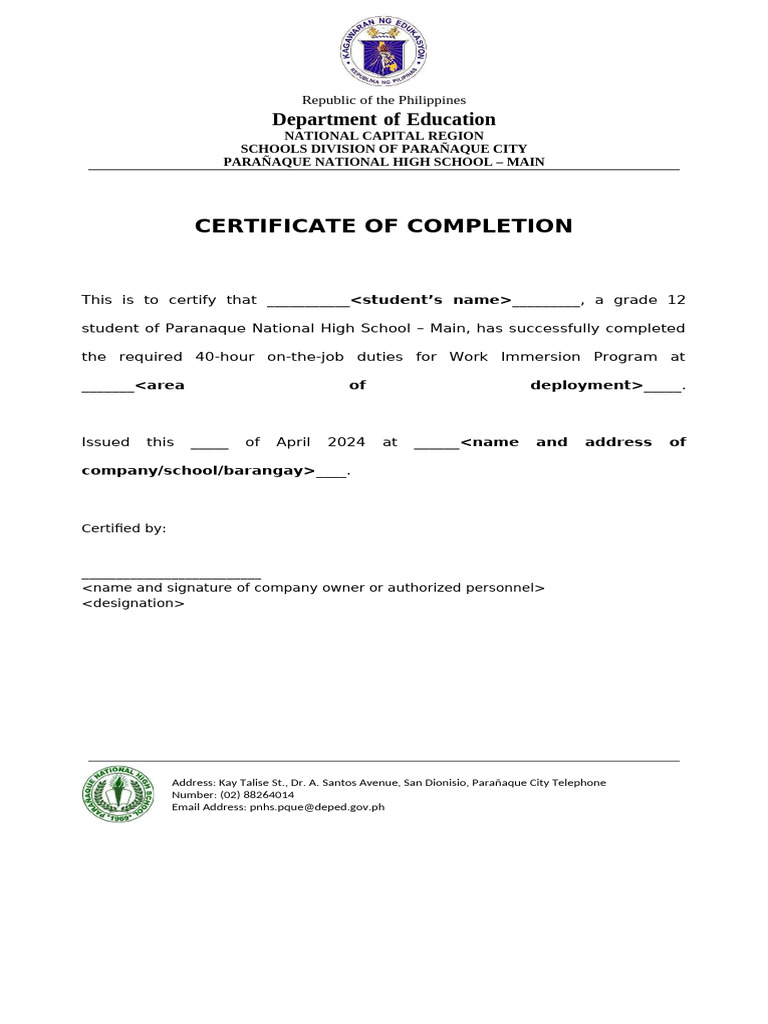 Certification of Completion Work Immersion 4 | PDF