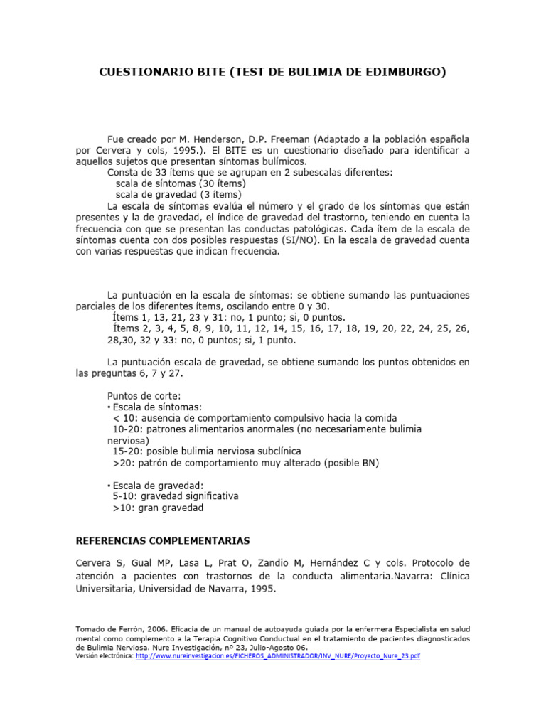 Cuestionario Bite | PDF | Bulimia nerviosa | Dieta