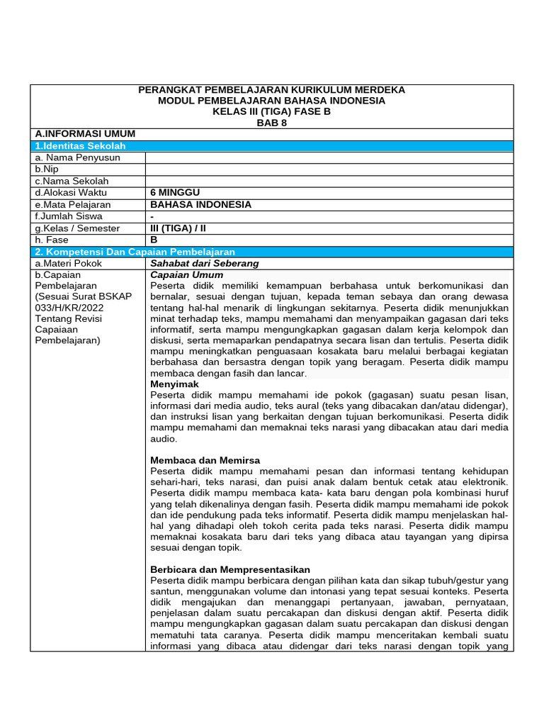 Modul Ajar Bahasa Indonesia Kls 3 Fase B Kurmer Bab 8 [modulguruku.com] | PDF
