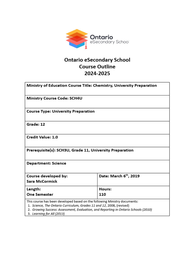 SCH4U Course Outline - 2024 | PDF | Chemistry | Chemical Compounds