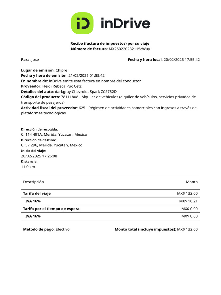 Factura de viaje inDrive - MX25022023 | PDF