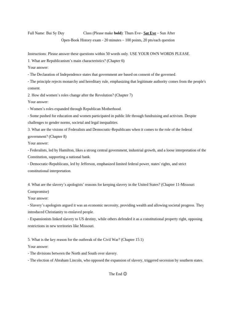 U.S. History Exam Answers Overview | PDF