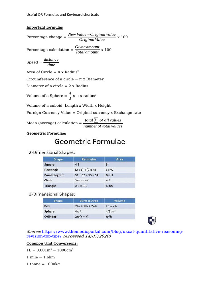 UCAT QR Formulas | PDF