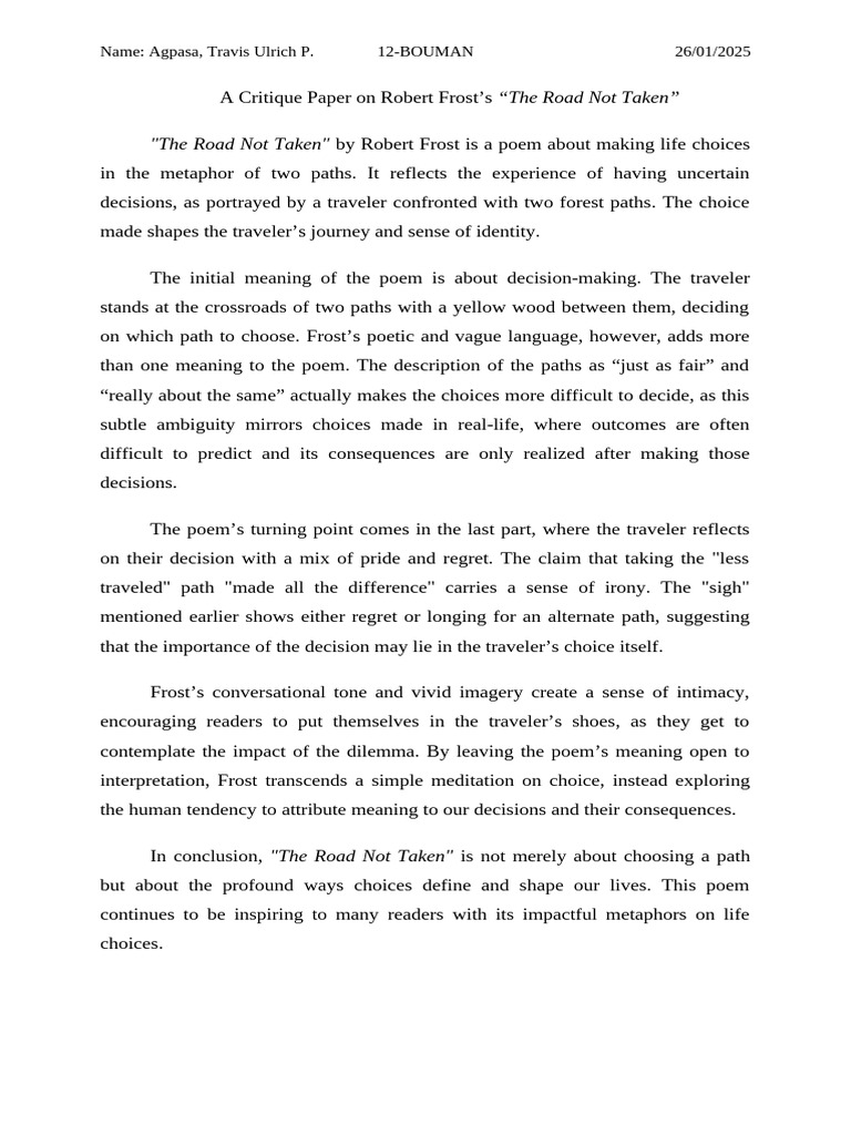Critique of Frost's "The Road Not Taken" | PDF