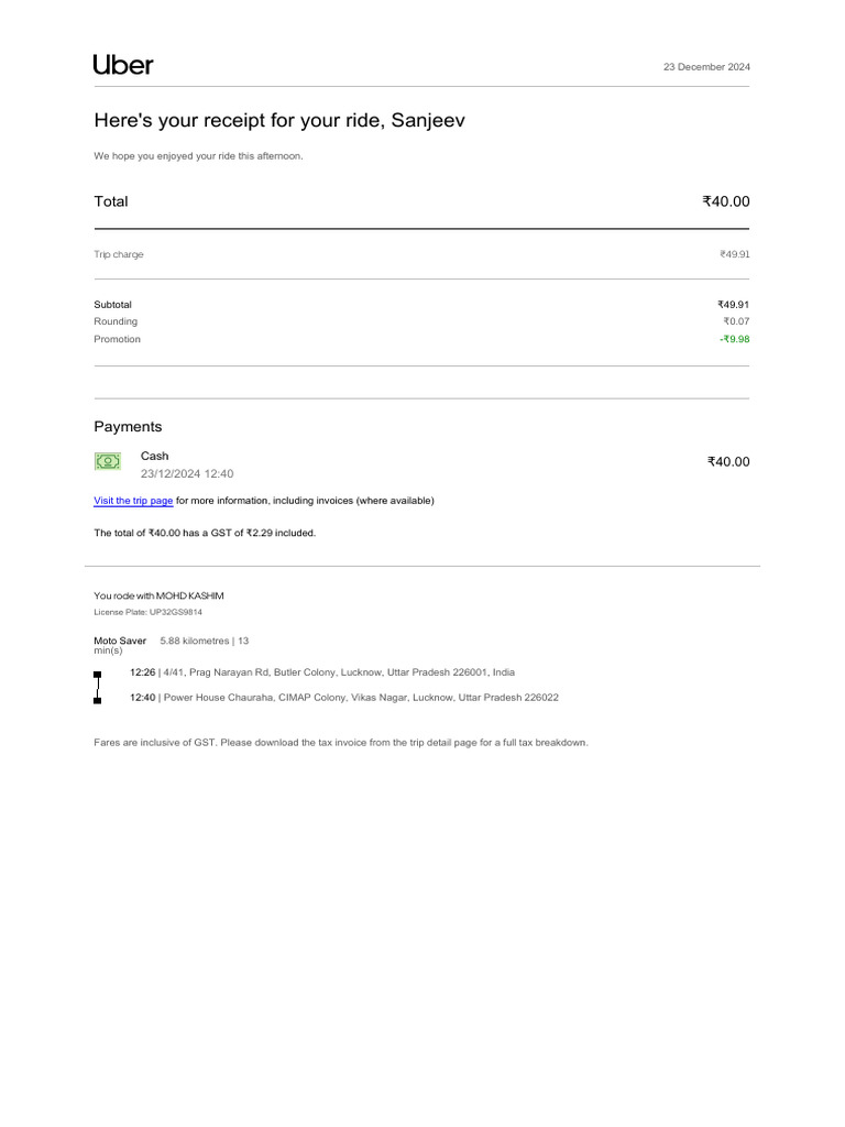 Uber Bike Ride Receipt - Lucknow | PDF