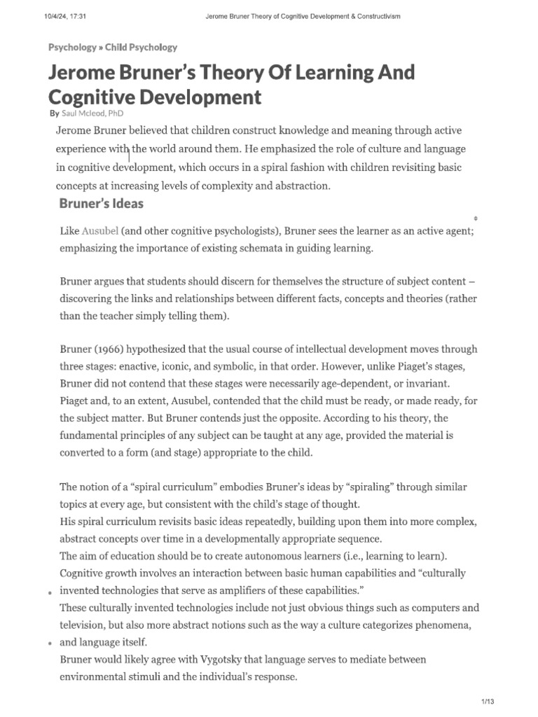 Jerome Bruner Theory of Cognitive Development Constructivism. | PDF ...