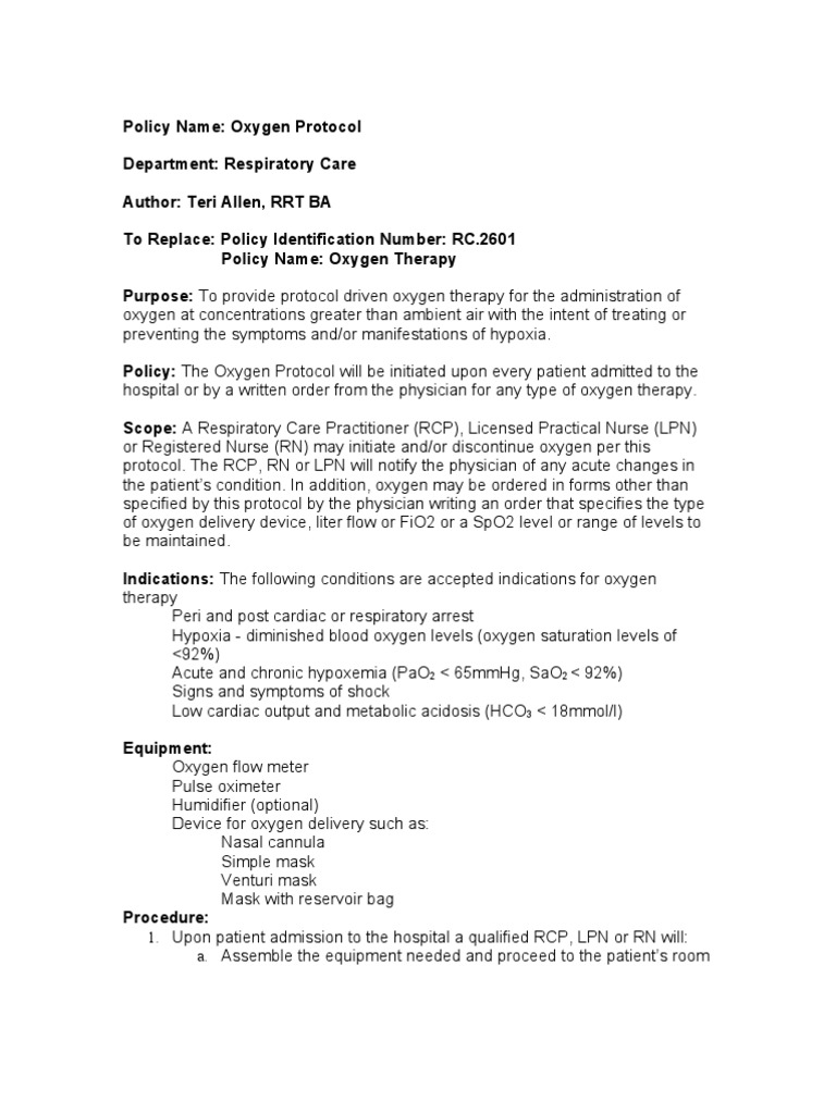 Oxygen Protocol | Download Free PDF | Respiratory System | Oxygen