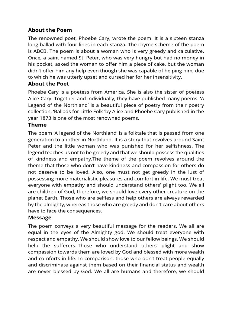 Phoebe Cary's A Legend of the Northland | PDF | Poetry