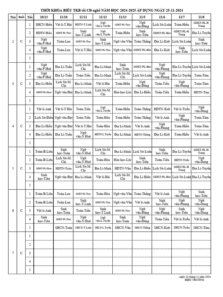 TKB HS tối CĐ nghề 25-11-2024 | PDF