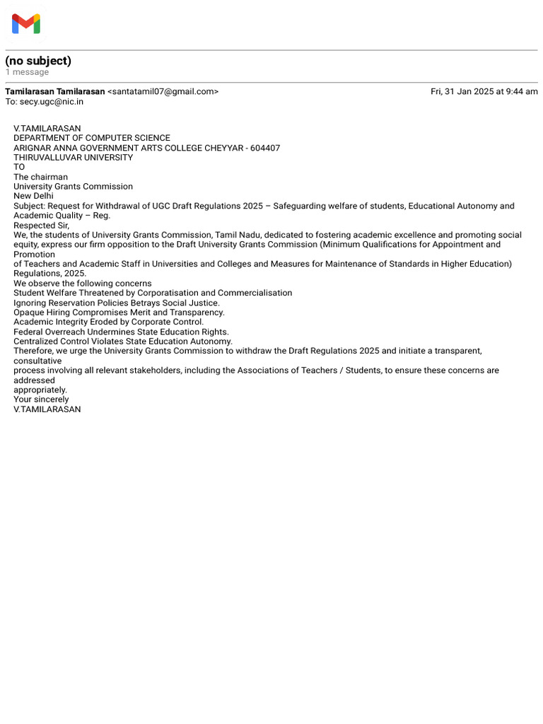 Withdrawal Request for UGC Draft Regulations | PDF