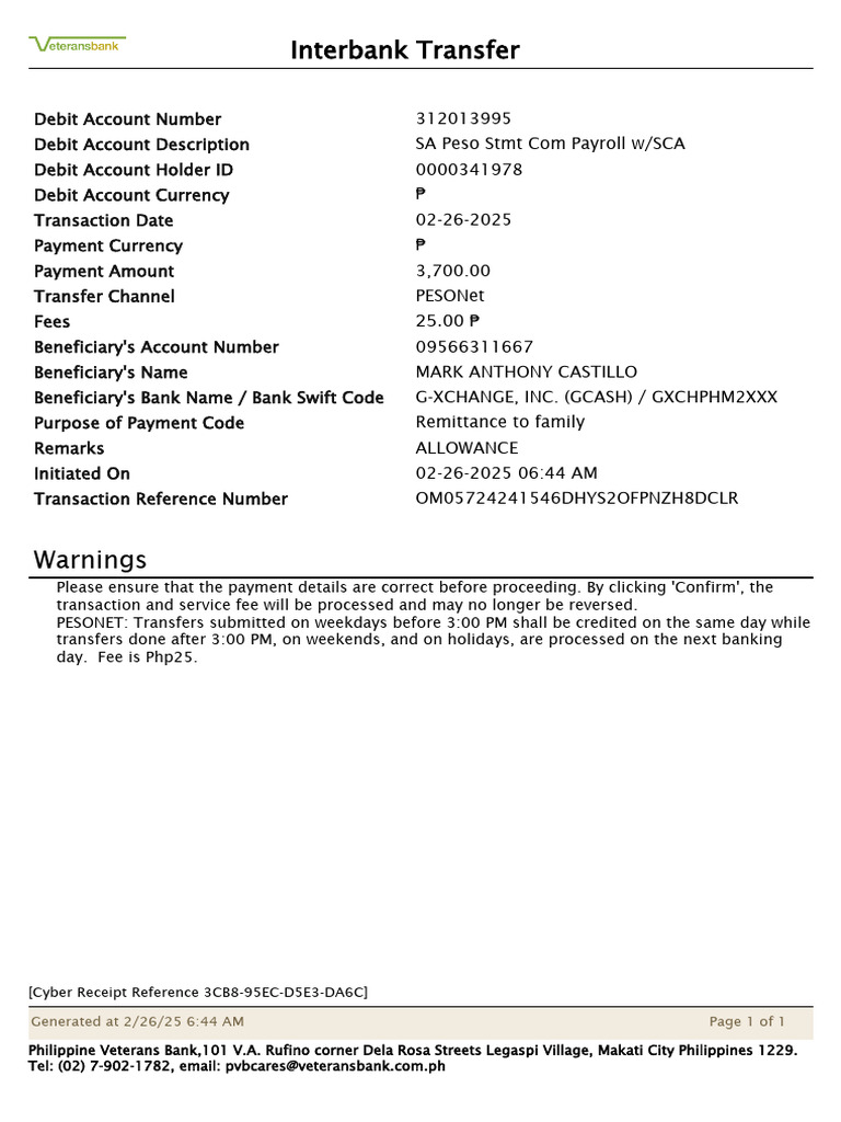 PESONet Interbank Transfer Receipt | PDF
