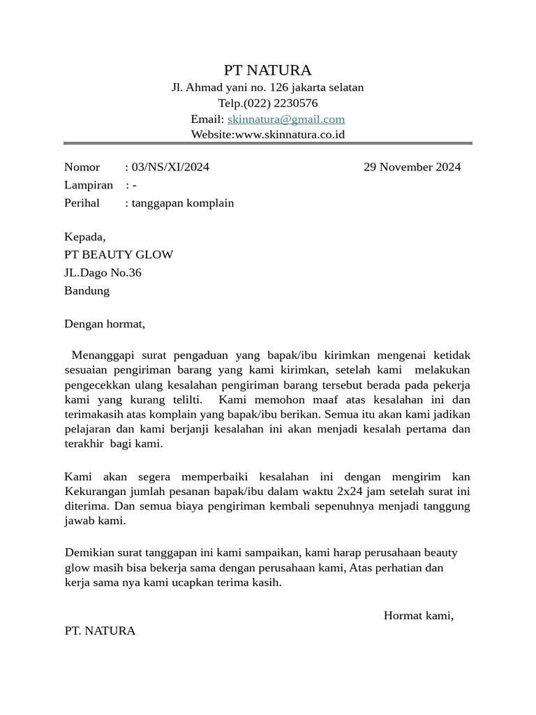 Surat Tanggapan Komplain Natura | PDF