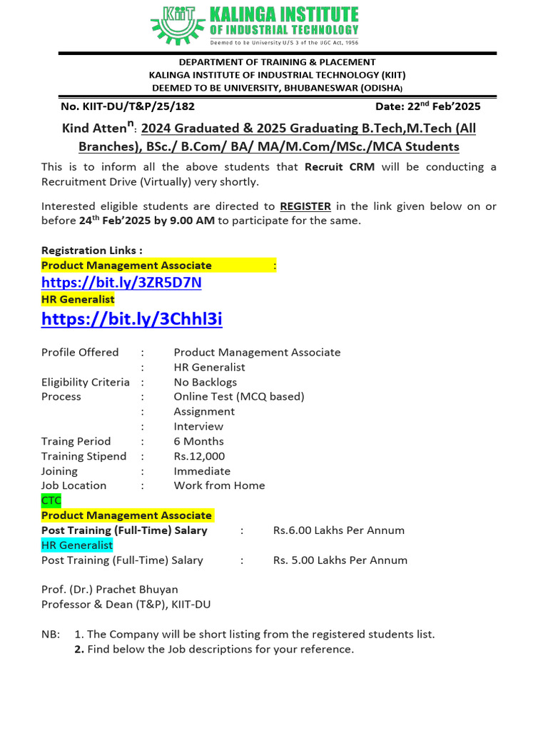 KIIT Virtual Recruitment Drive 2025 | PDF