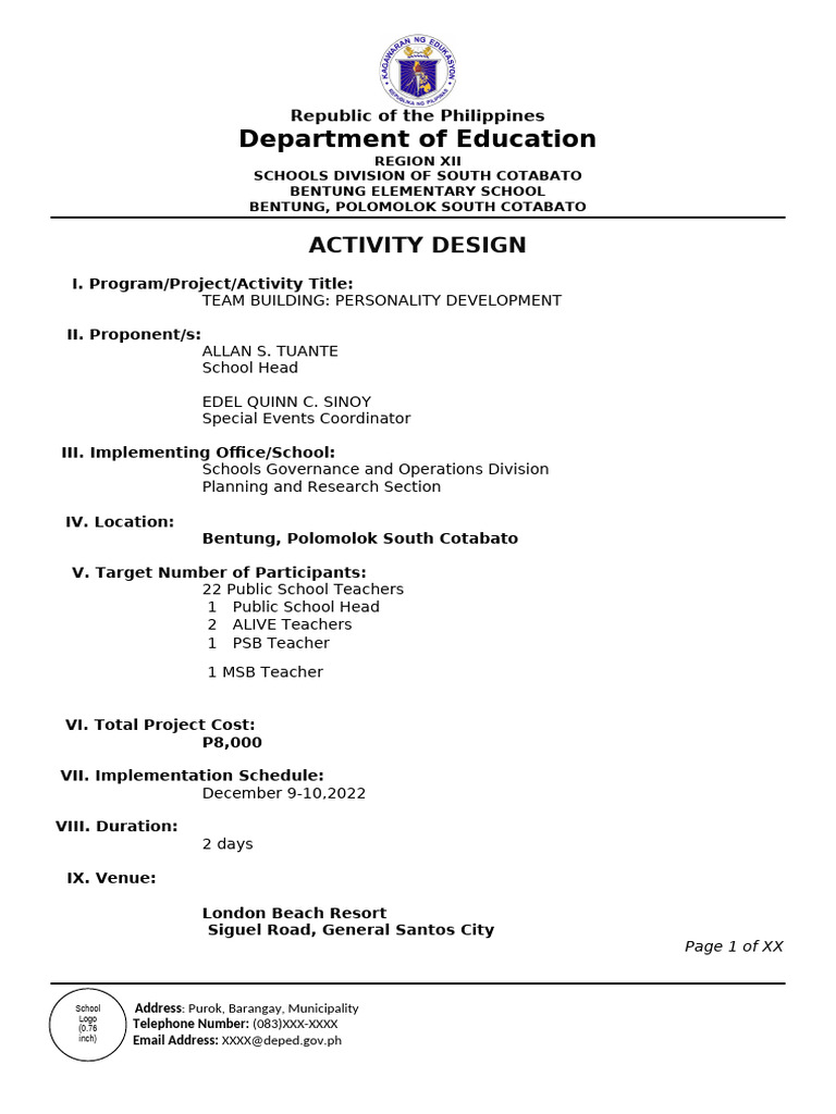 Sample School Level Activity Design Template | PDF | Lunch | Meal