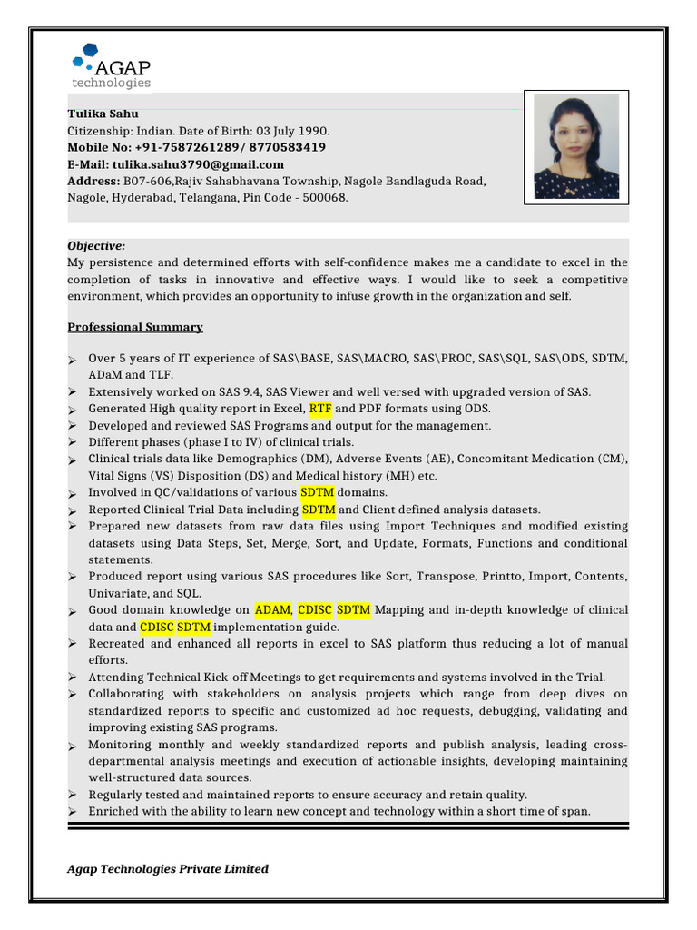 Tulika Sahu - 6 Yrs - SR Statistical Programmer - Hyderabad - Agap ...