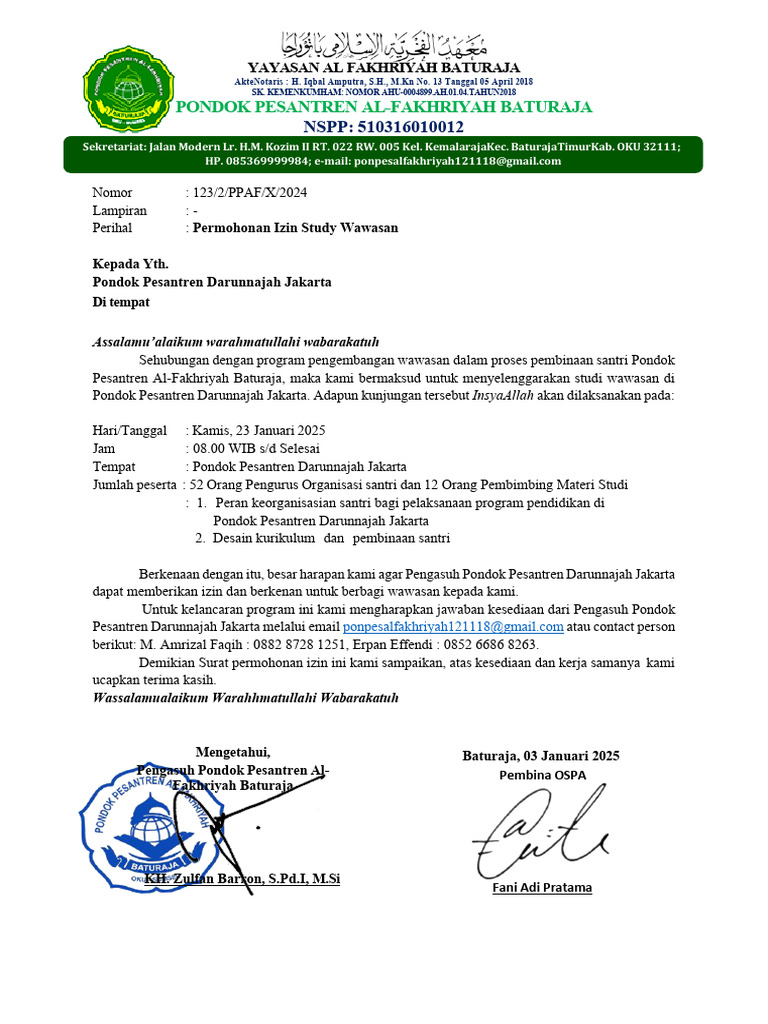 Surat kunjungan Pondok Pesantren Darunnajah Jakarta | PDF