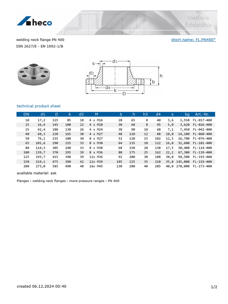 PN 400 Welding Neck Flange Specs | PDF | Mechanical Engineering ...