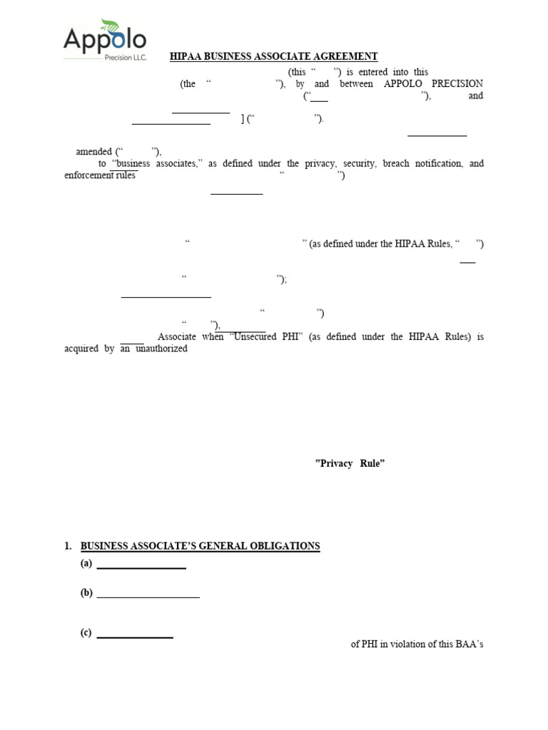HIPAA Business Associate Agreement-Appolo | PDF | Health Insurance ...