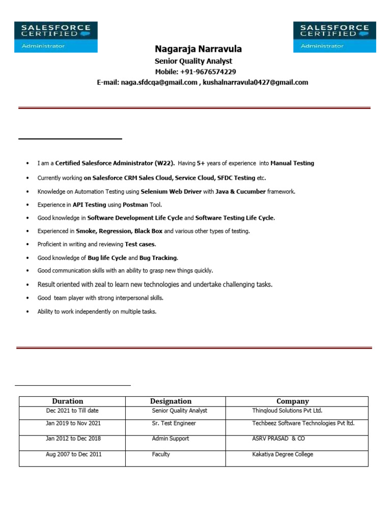 Nagaraja Narravula - 6 Years - Sales Force QA - Bened Software | PDF | Computing | Software ...