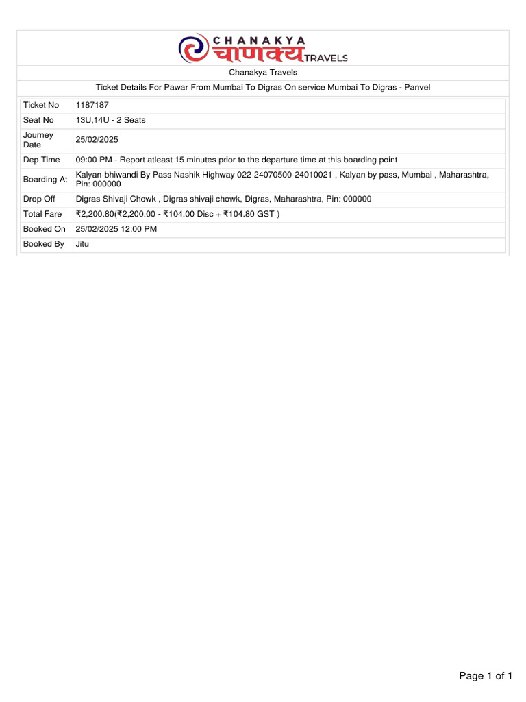 Mumbai to Digras Ticket Details | PDF