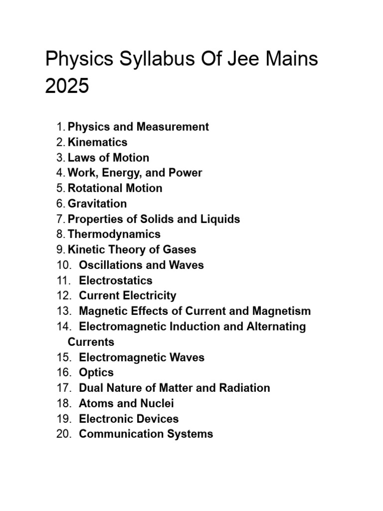 JEE Mains 2025 Physics Syllabus | PDF